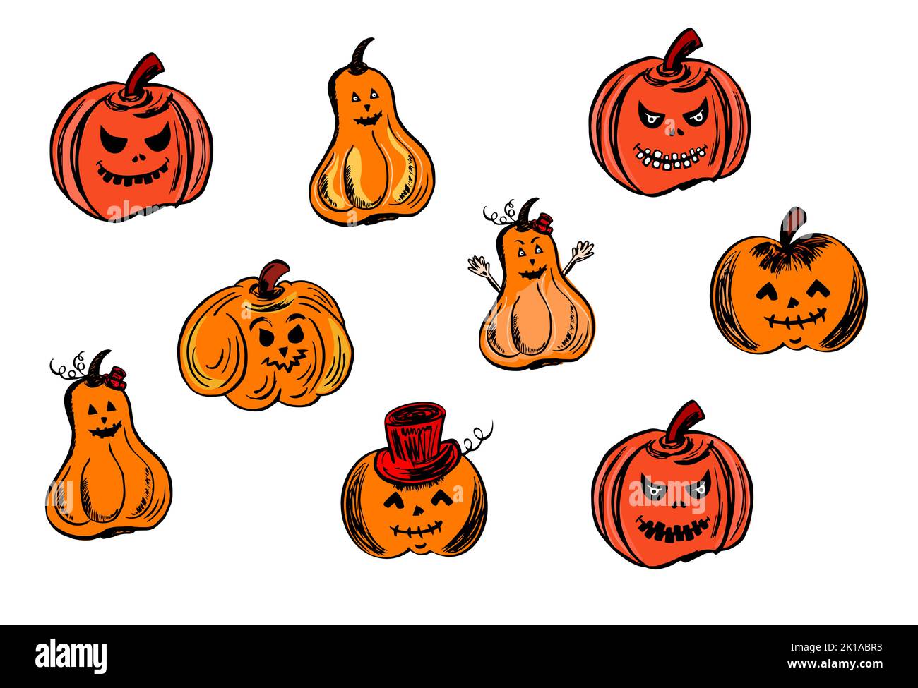 Set of funny and cute pumpkins for the holiday Halloween. Pumpkins with ...