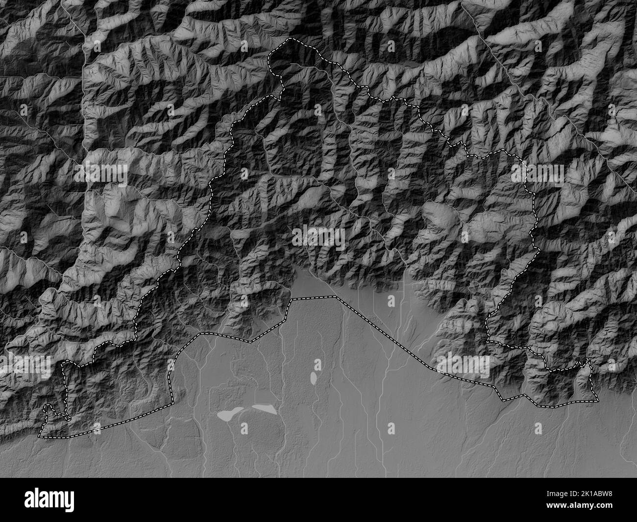 Sarpang, district of Bhutan. Grayscale elevation map with lakes and ...
