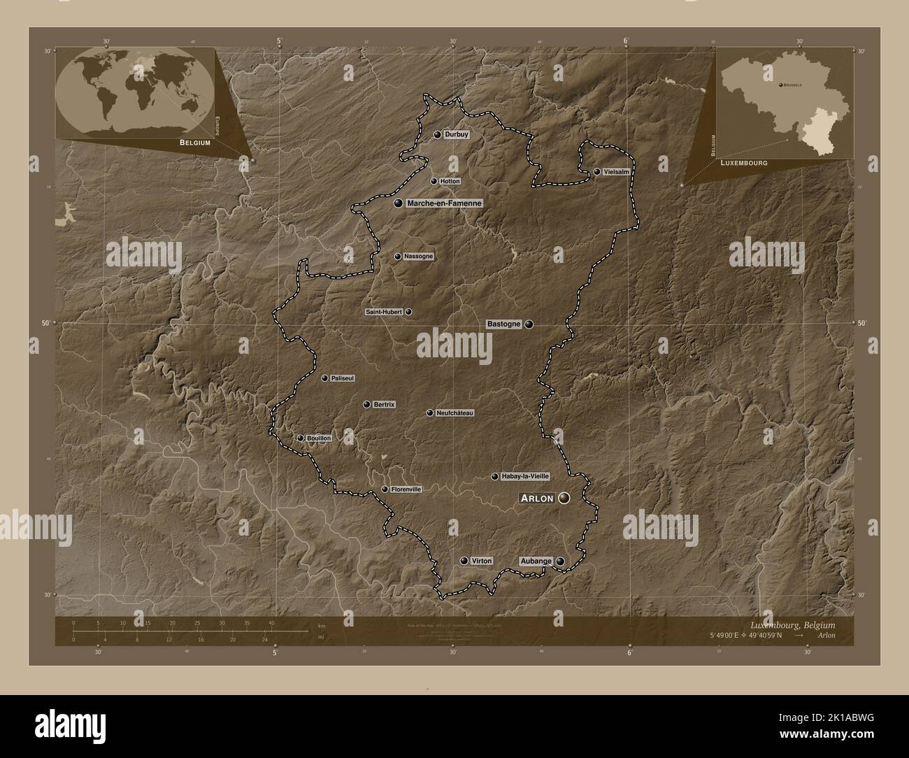 Luxembourg, province of Belgium. Elevation map colored in sepia tones ...