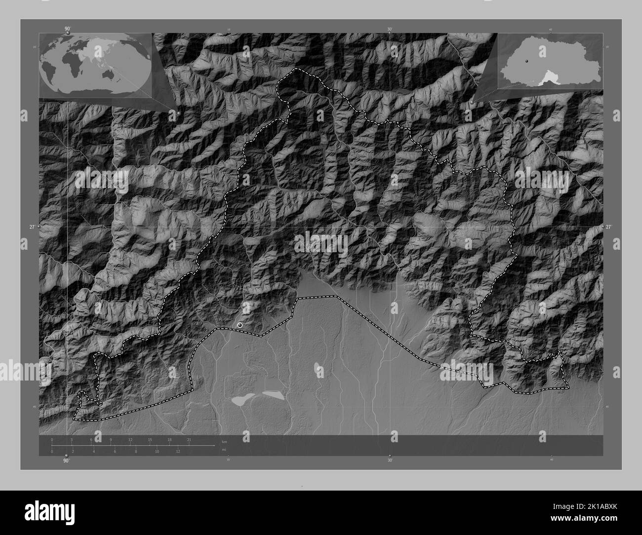 Sarpang, district of Bhutan. Grayscale elevation map with lakes and ...