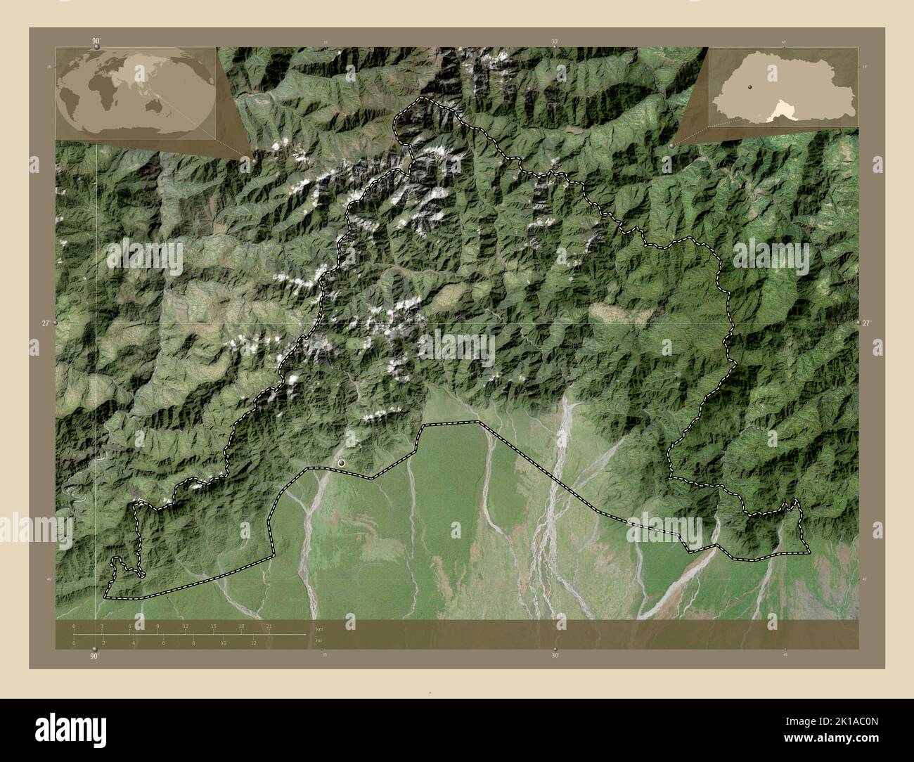Sarpang, district of Bhutan. High resolution satellite map. Corner ...