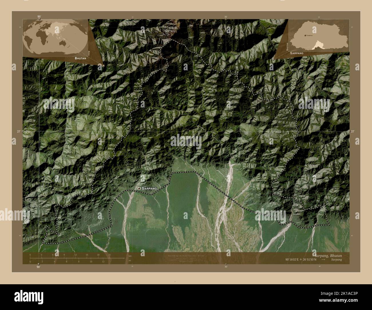 Sarpang, district of Bhutan. Low resolution satellite map. Locations ...