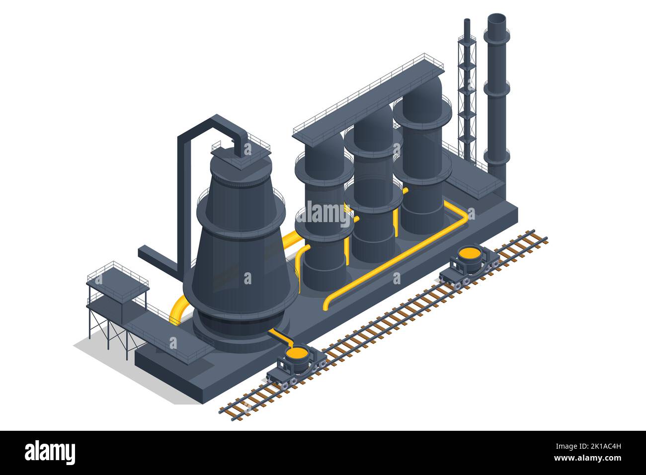 Isometric icons set with Blast furnace slag and pig iron tapping. Iron ...