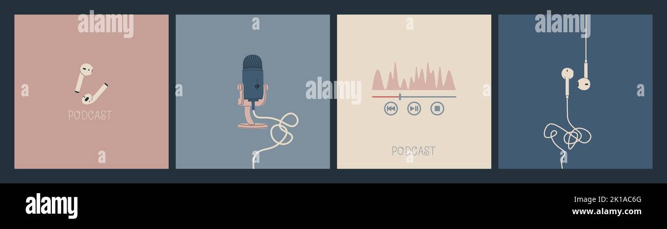 Set of illustrations for podcast cover design. Studio microphone, audio ...