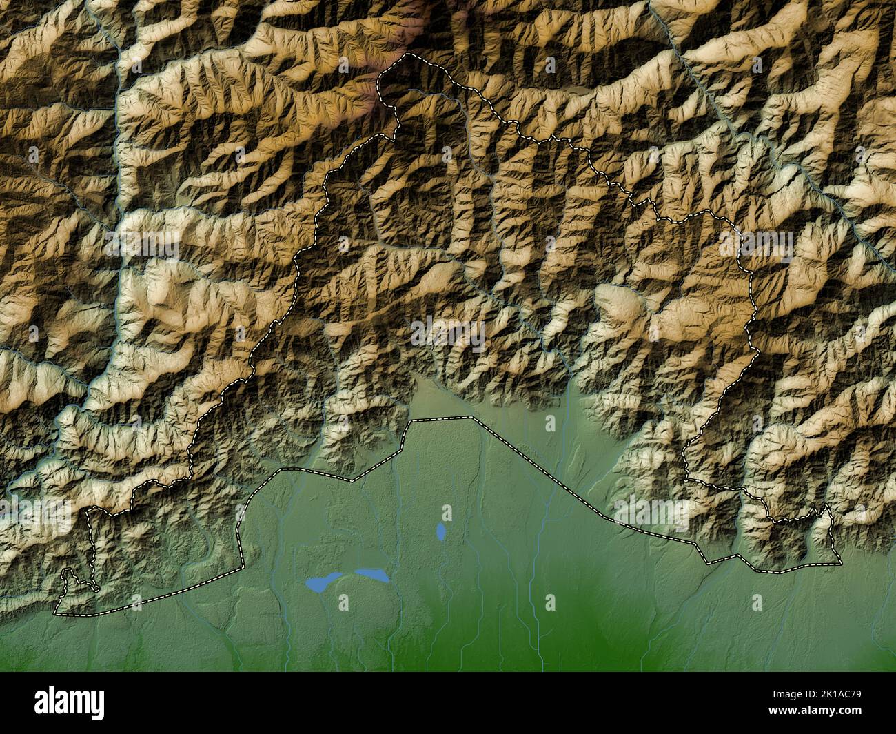 Sarpang, district of Bhutan. Colored elevation map with lakes and ...