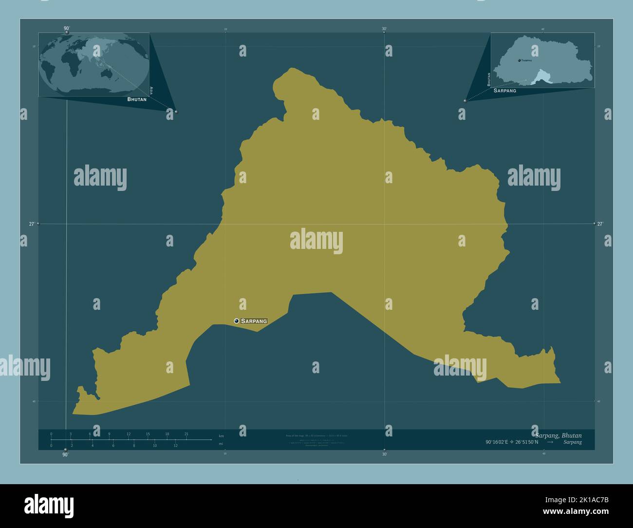 Sarpang, district of Bhutan. Solid color shape. Locations and names of ...