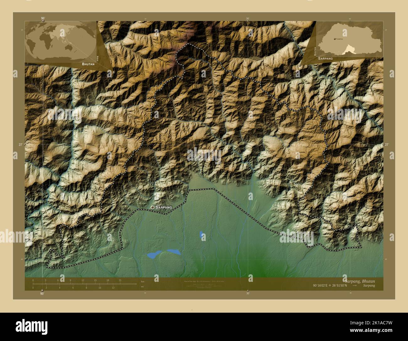Sarpang, district of Bhutan. Colored elevation map with lakes and ...