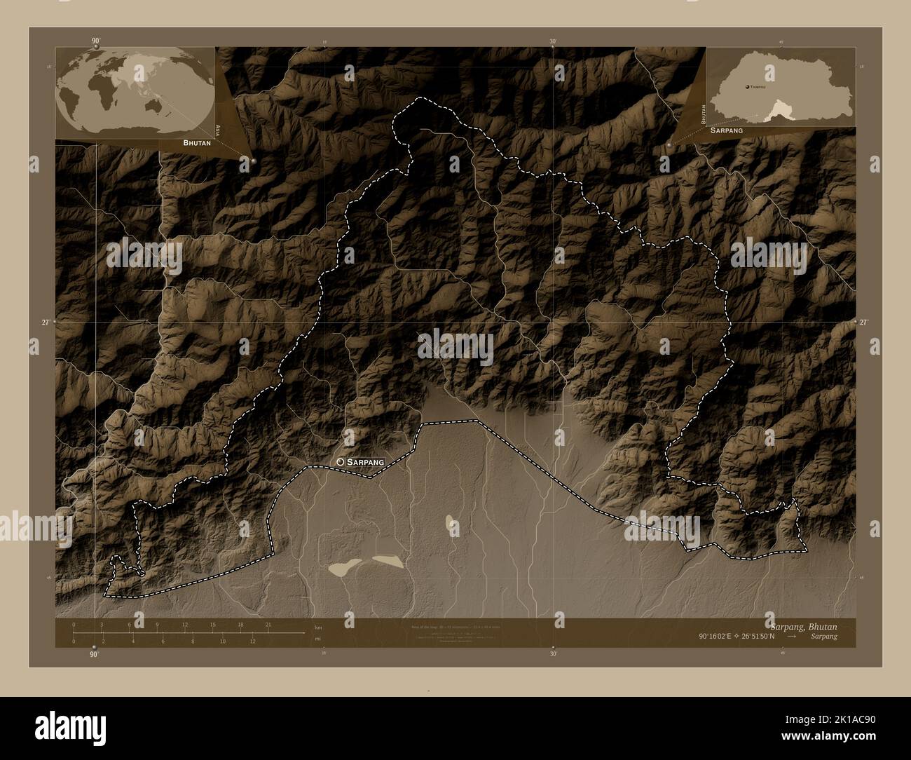 Sarpang, district of Bhutan. Elevation map colored in sepia tones with ...