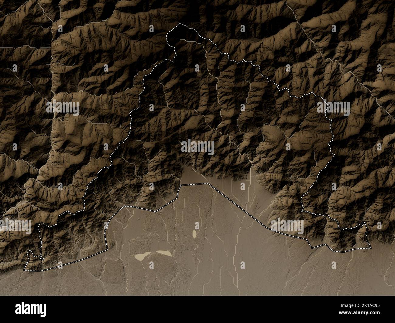 Sarpang, district of Bhutan. Elevation map colored in sepia tones with ...