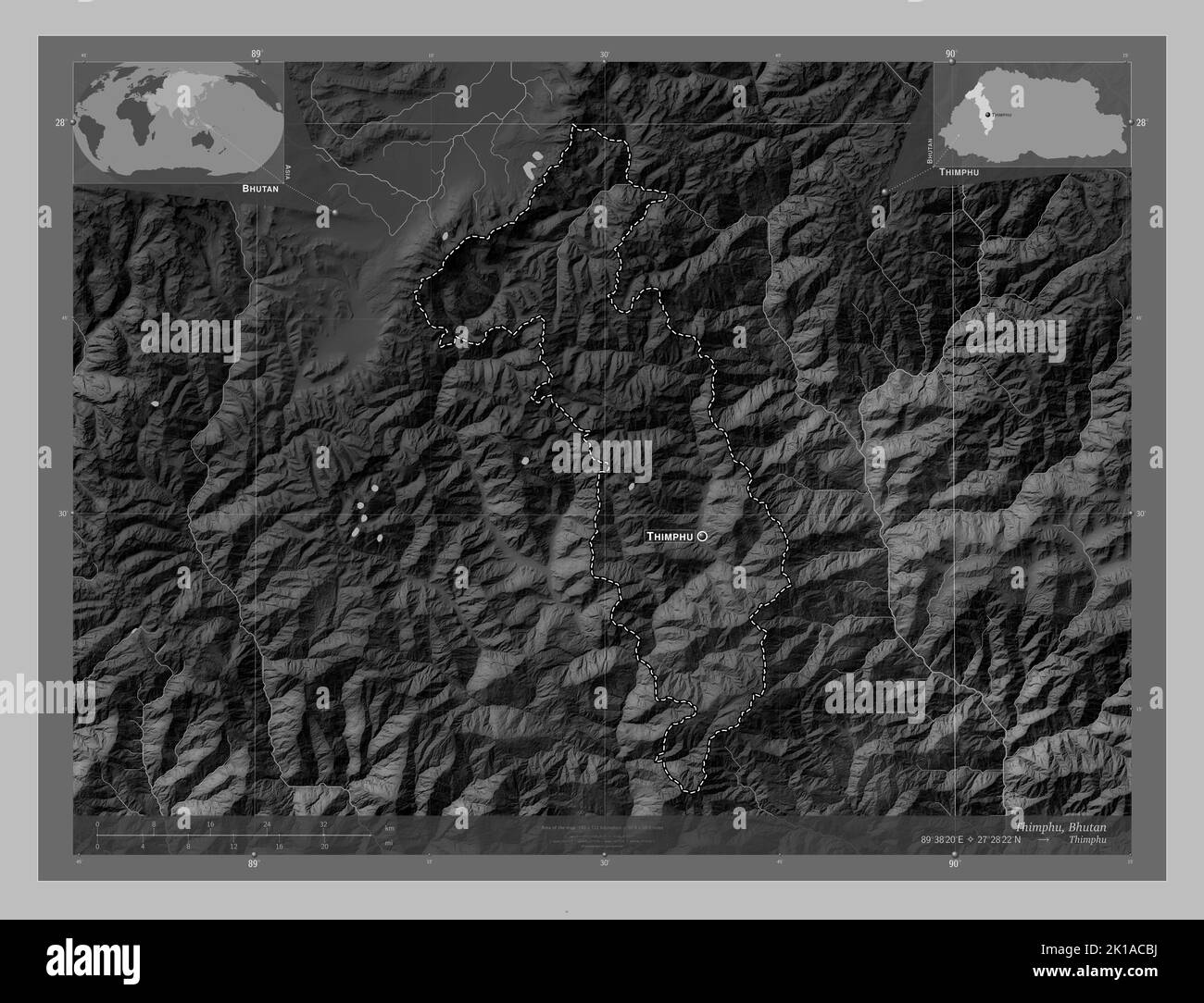 Thimphu, district of Bhutan. Grayscale elevation map with lakes and rivers. Locations and names ...