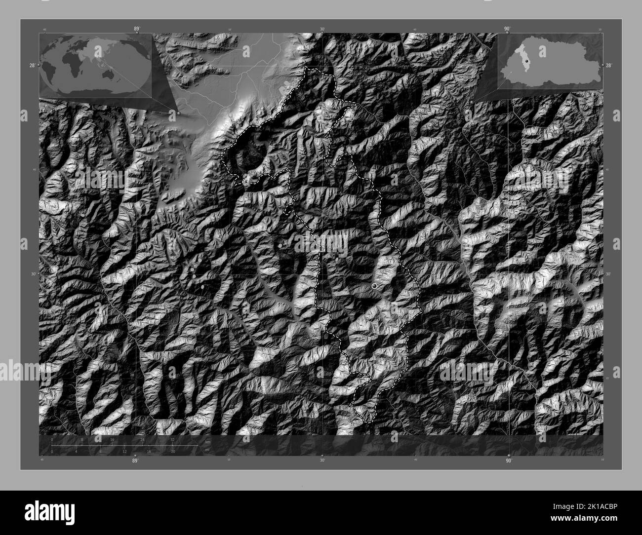 Thimphu, district of Bhutan. Bilevel elevation map with lakes and ...