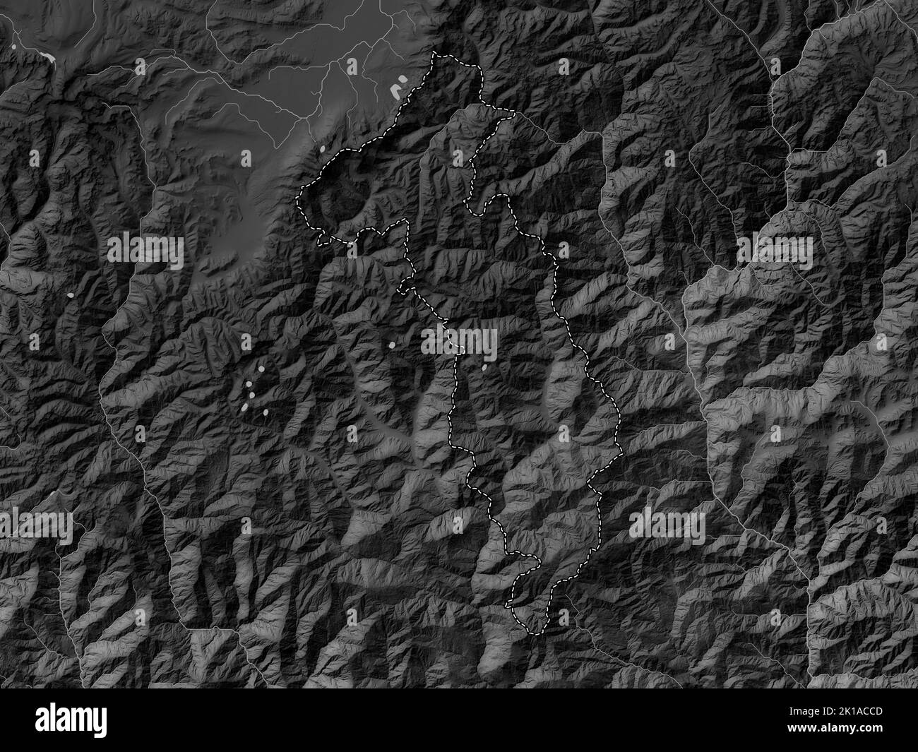 Thimphu, district of Bhutan. Grayscale elevation map with lakes and ...