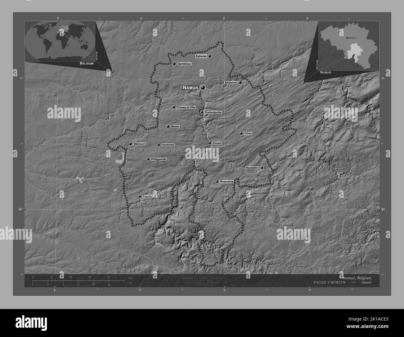Namur, province of Belgium. Bilevel elevation map with lakes and rivers ...