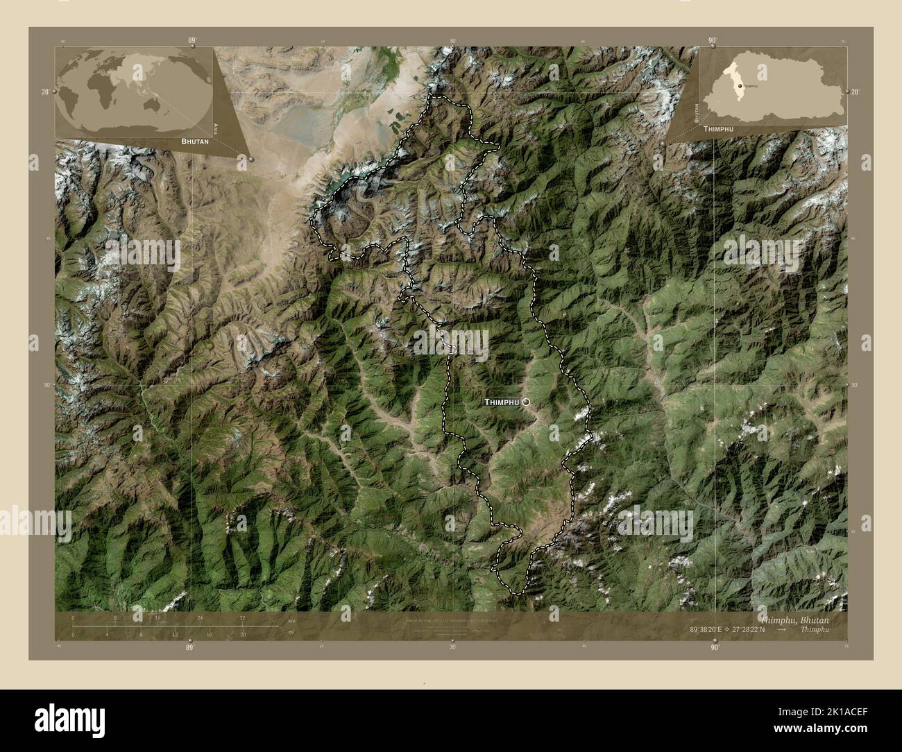 Thimphu, district of Bhutan. High resolution satellite map. Locations ...