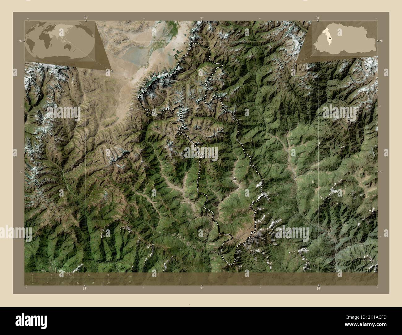 Thimphu, district of Bhutan. High resolution satellite map. Corner ...