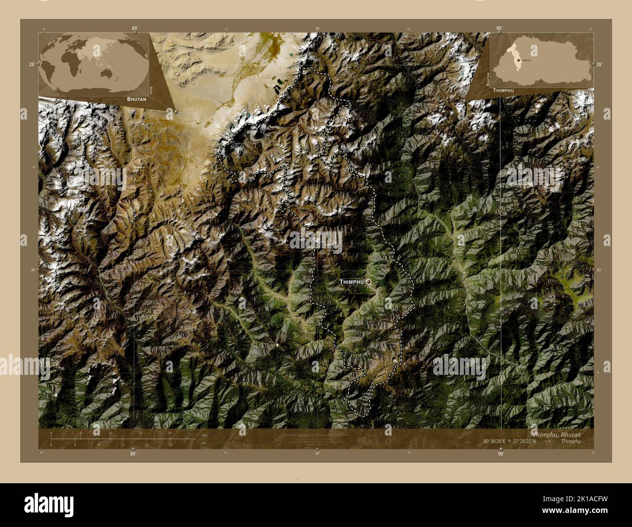 Thimphu, district of Bhutan. Low resolution satellite map. Locations ...