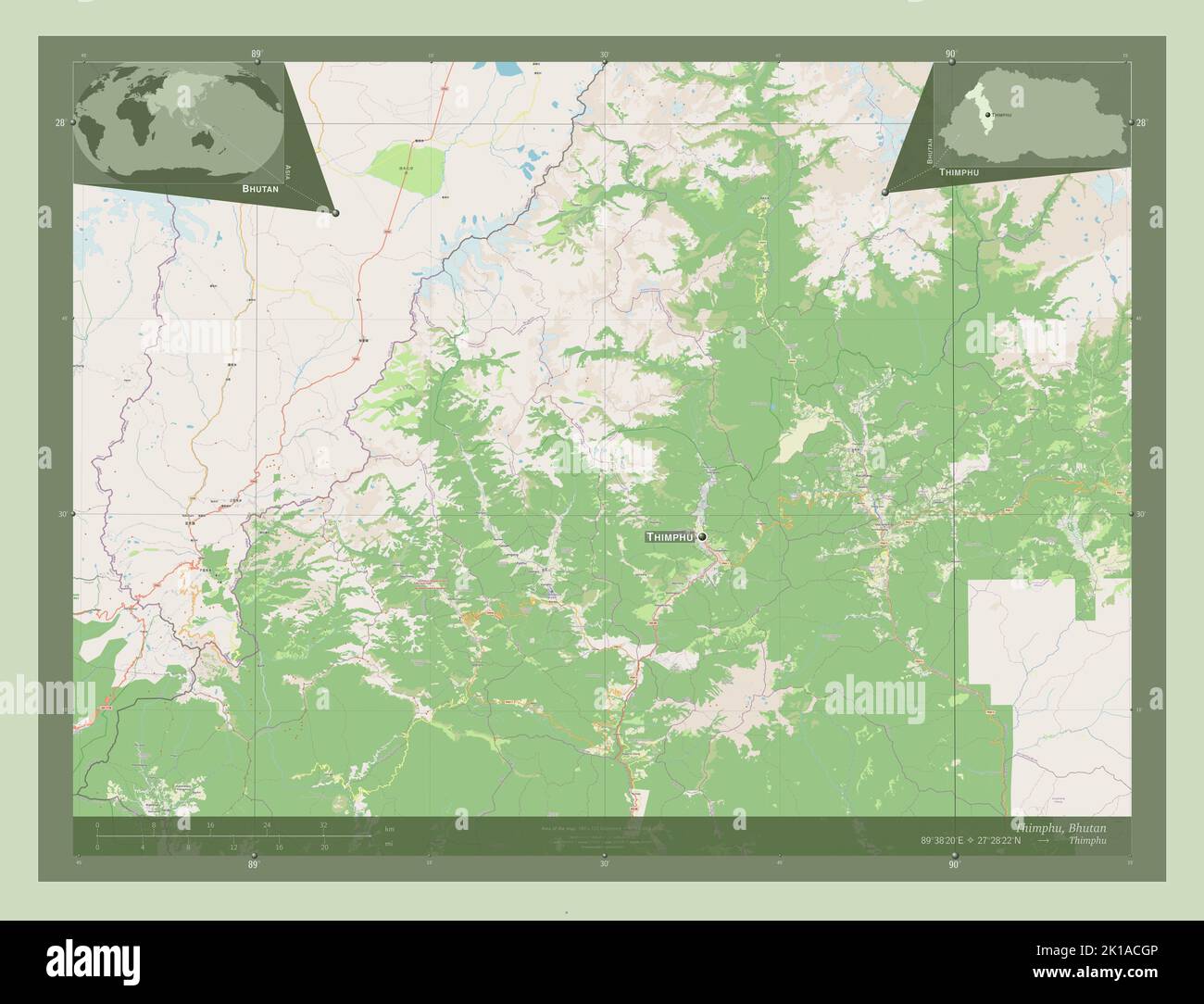Thimphu, district of Bhutan. Open Street Map. Locations and names of ...