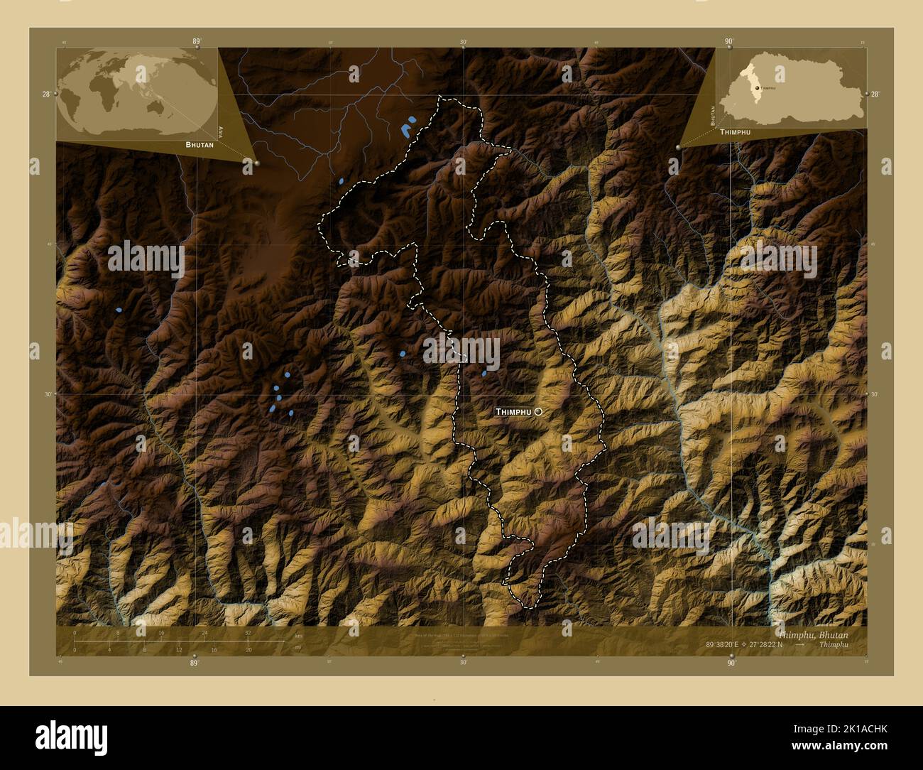 Thimphu, district of Bhutan. Colored elevation map with lakes and ...