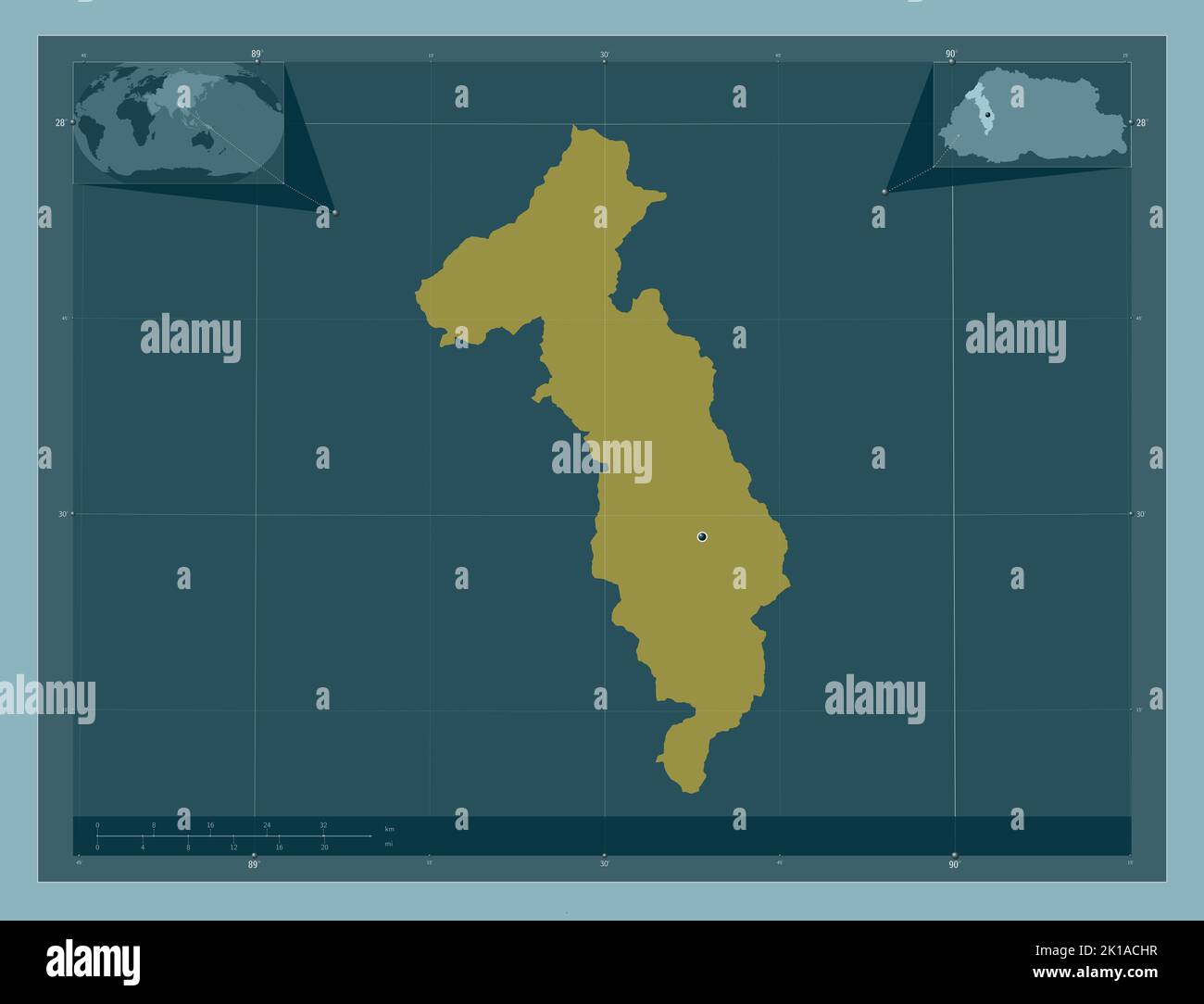Thimphu, district of Bhutan. Solid color shape. Locations of major ...