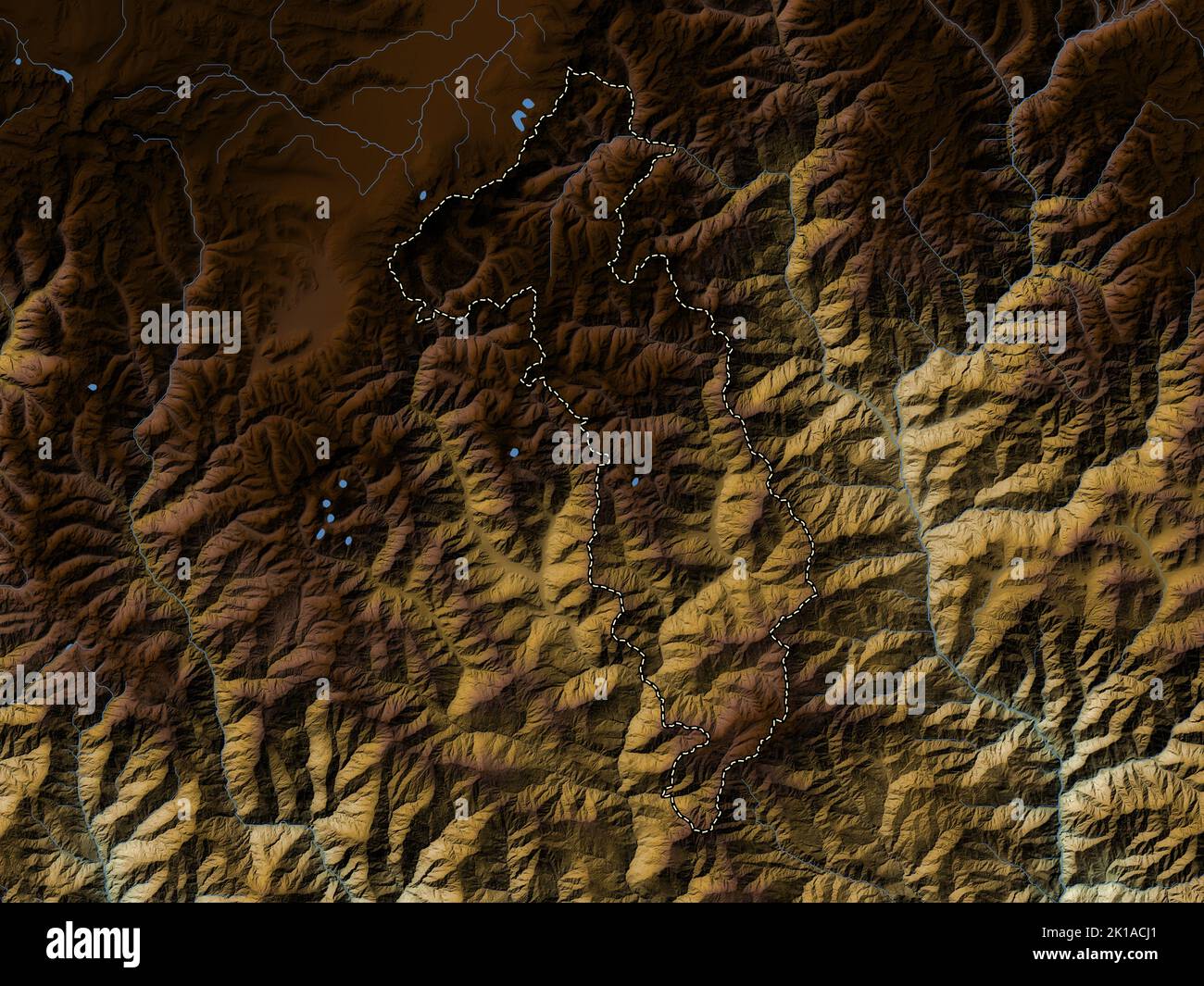 Thimphu, district of Bhutan. Colored elevation map with lakes and ...