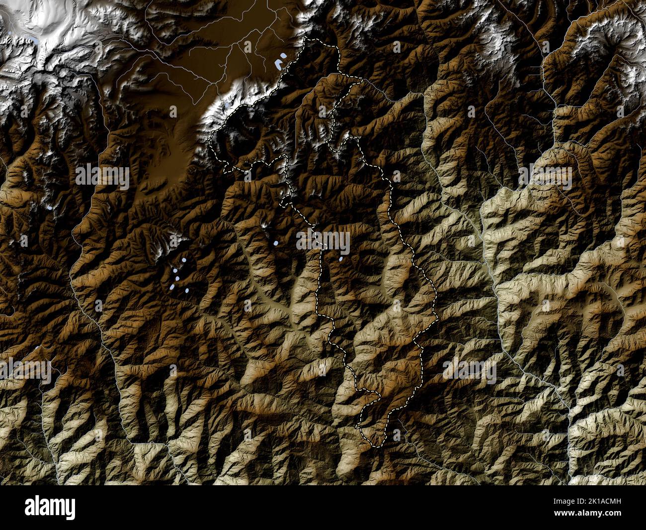 Thimphu, district of Bhutan. Elevation map colored in wiki style with lakes and rivers Stock ...