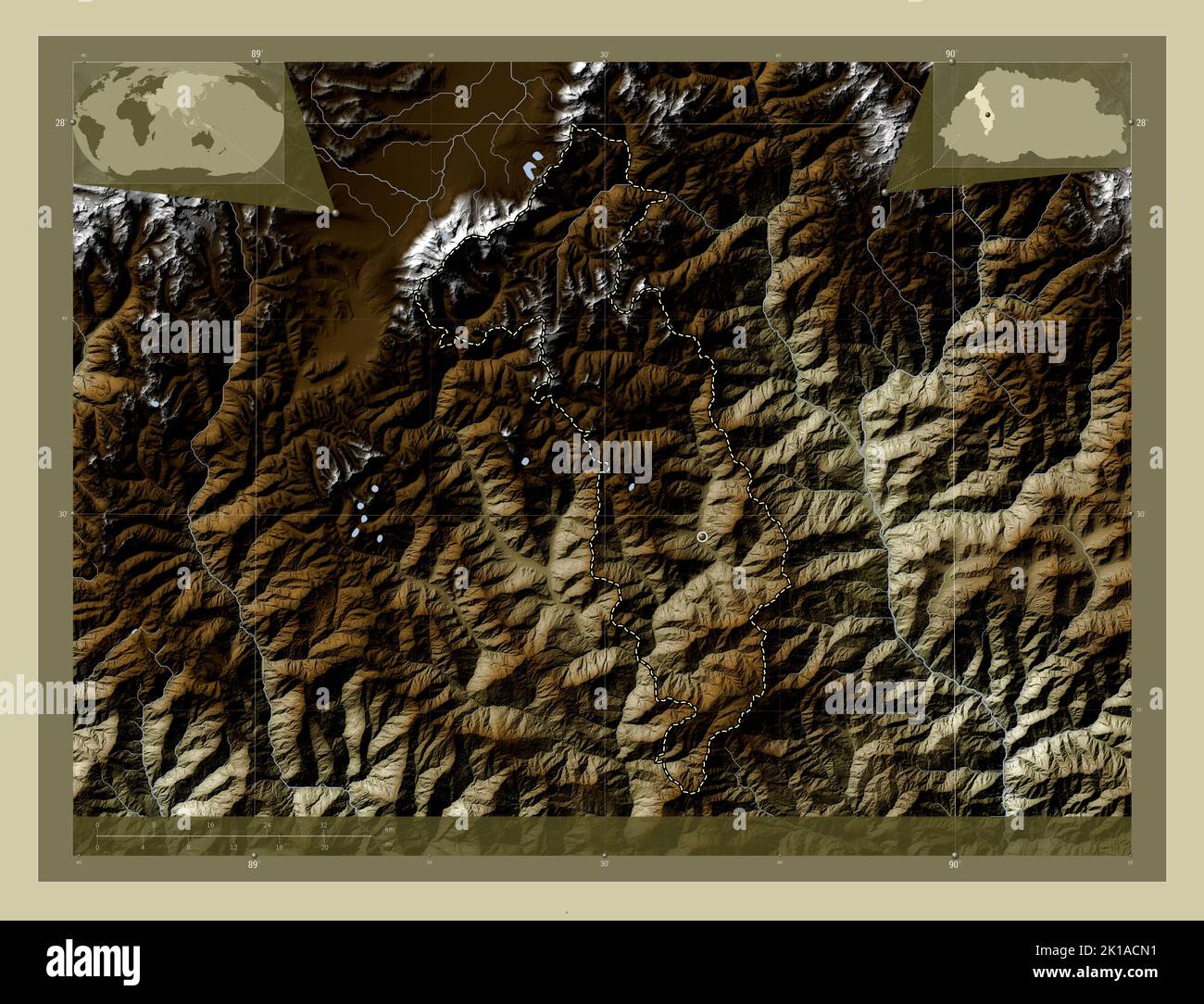 Thimphu, district of Bhutan. Elevation map colored in wiki style with ...