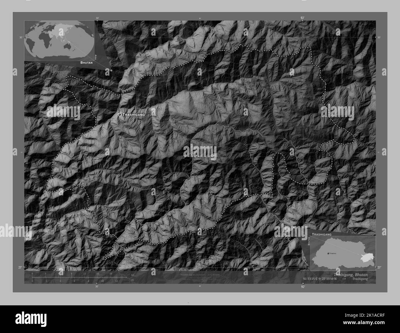 Trashigang, district of Bhutan. Grayscale elevation map with lakes and rivers. Locations and ...