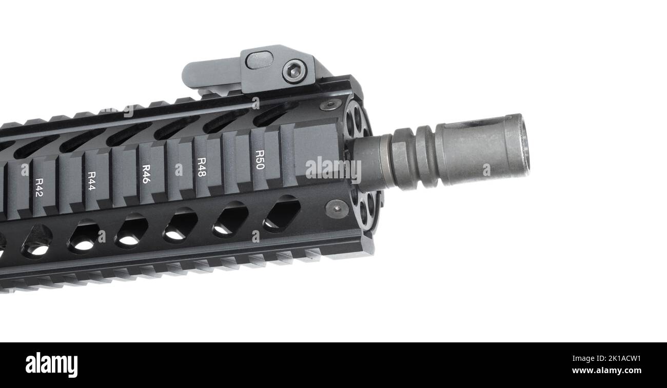 AR-15 front with a flash hider and rail and front sight down isolated ...