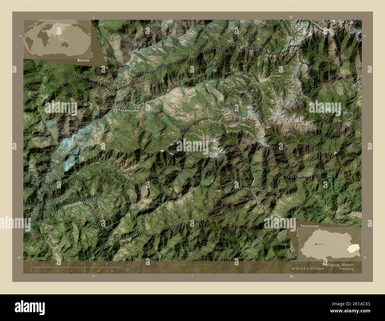 Trashigang, district of Bhutan. High resolution satellite map ...