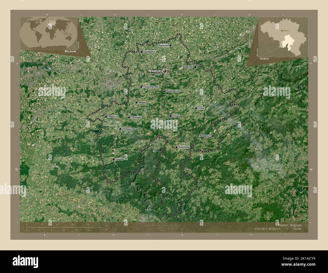 Namur, province of Belgium. High resolution satellite map. Locations ...