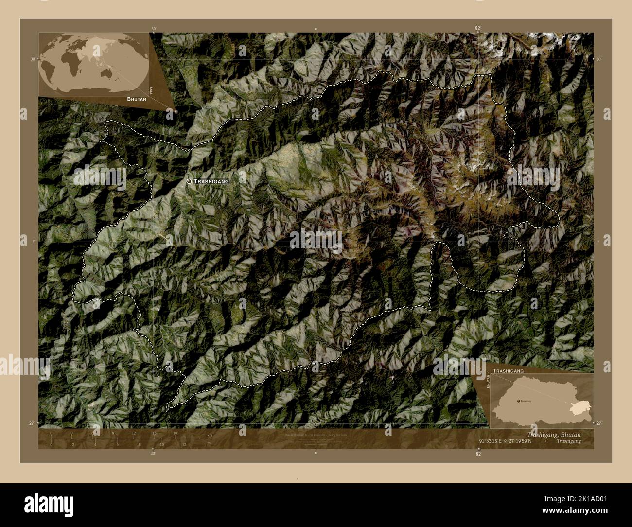 Trashigang, district of Bhutan. Low resolution satellite map. Locations ...