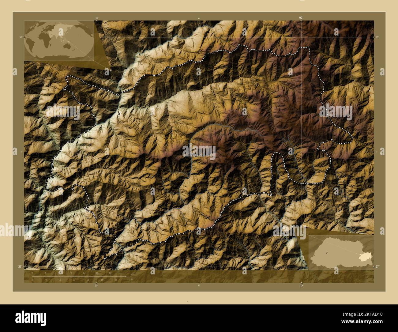 Trashigang, district of Bhutan. Colored elevation map with lakes and ...