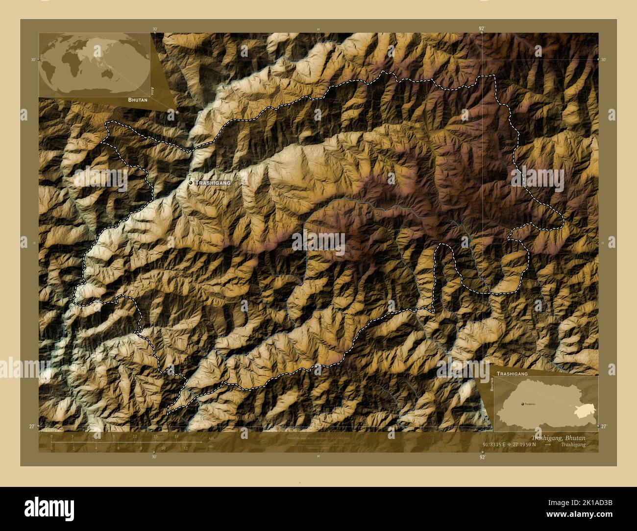 Trashigang, district of Bhutan. Colored elevation map with lakes and ...