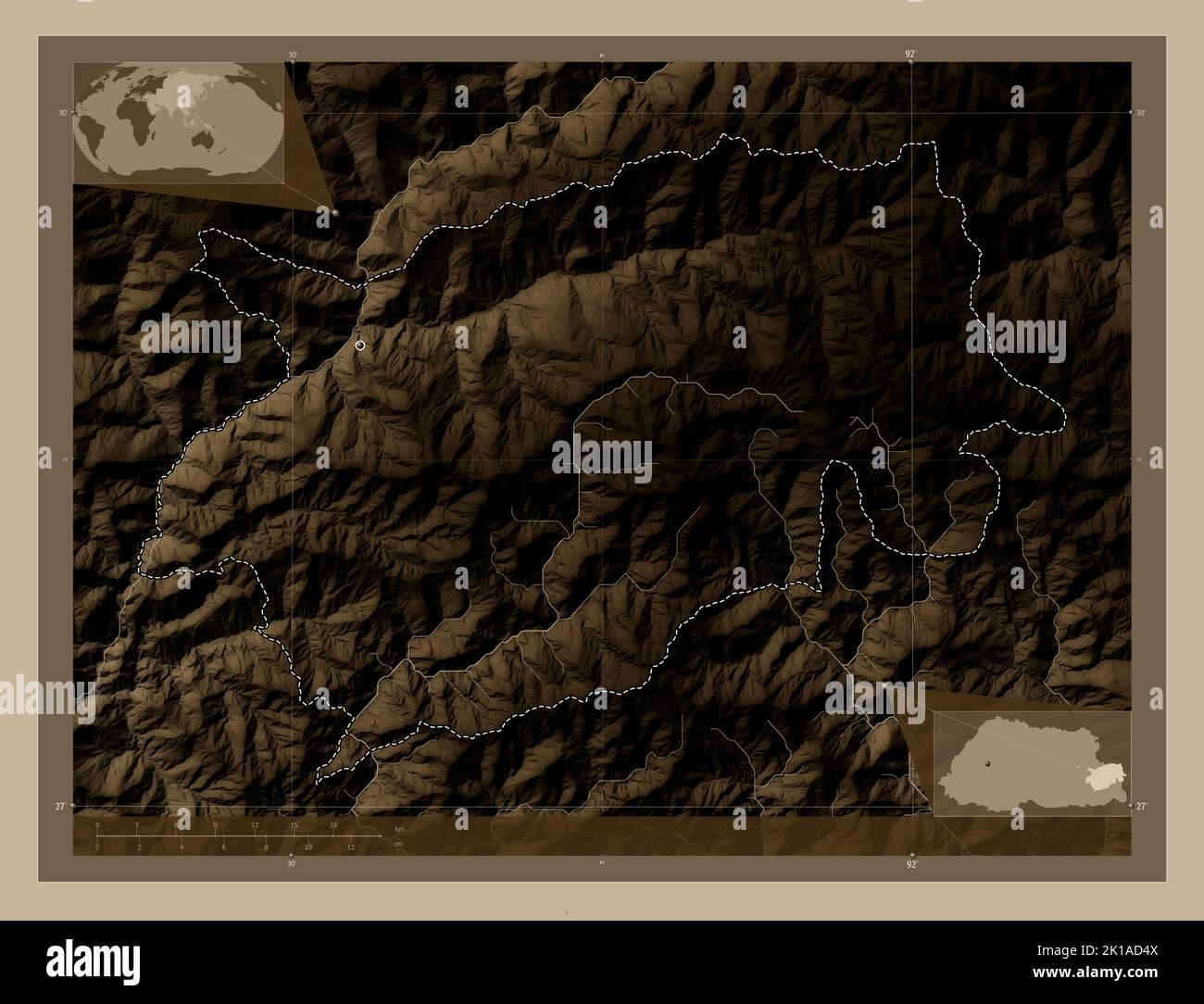 Trashigang, district of Bhutan. Elevation map colored in sepia tones ...