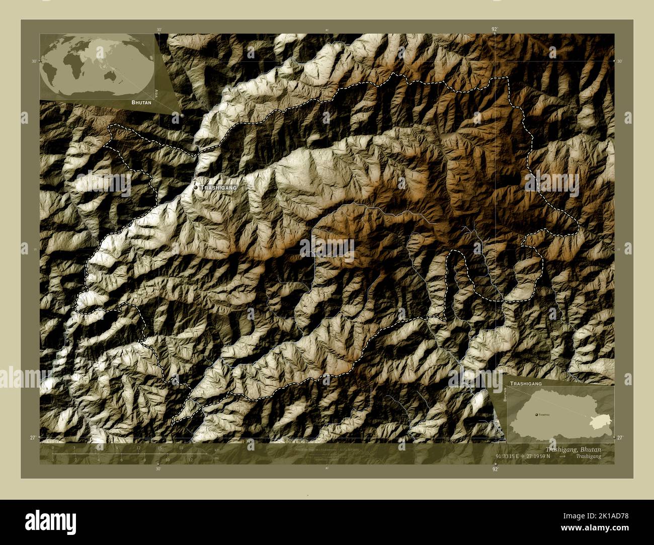 Trashigang, district of Bhutan. Elevation map colored in wiki style with lakes and rivers ...