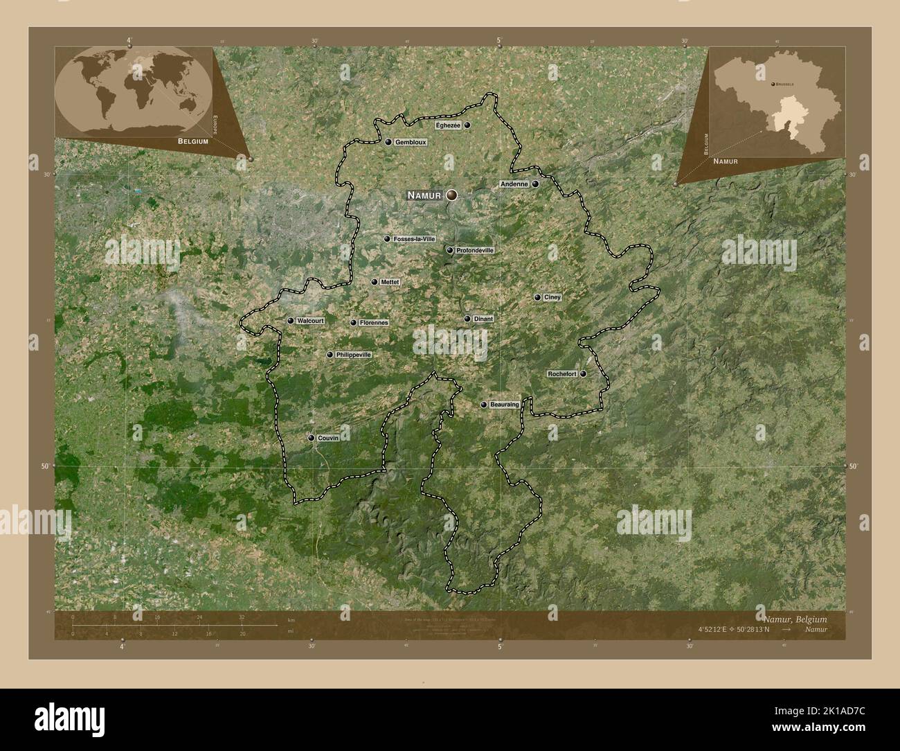 Namur, province of Belgium. Low resolution satellite map. Locations and ...