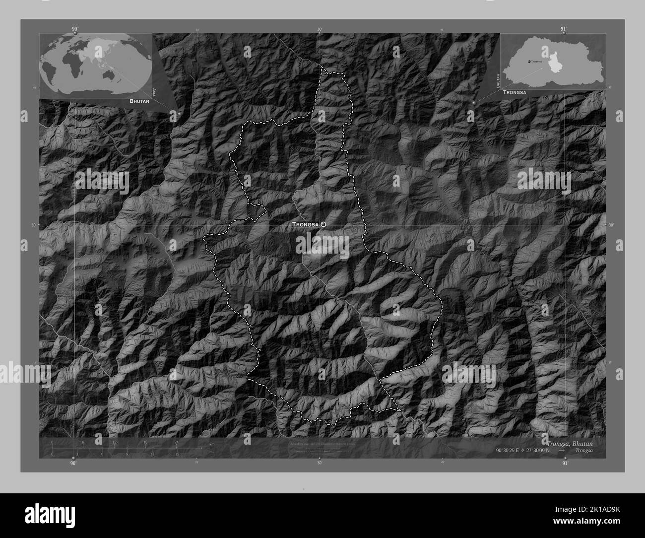 Trongsa, district of Bhutan. Grayscale elevation map with lakes and rivers. Locations and names ...