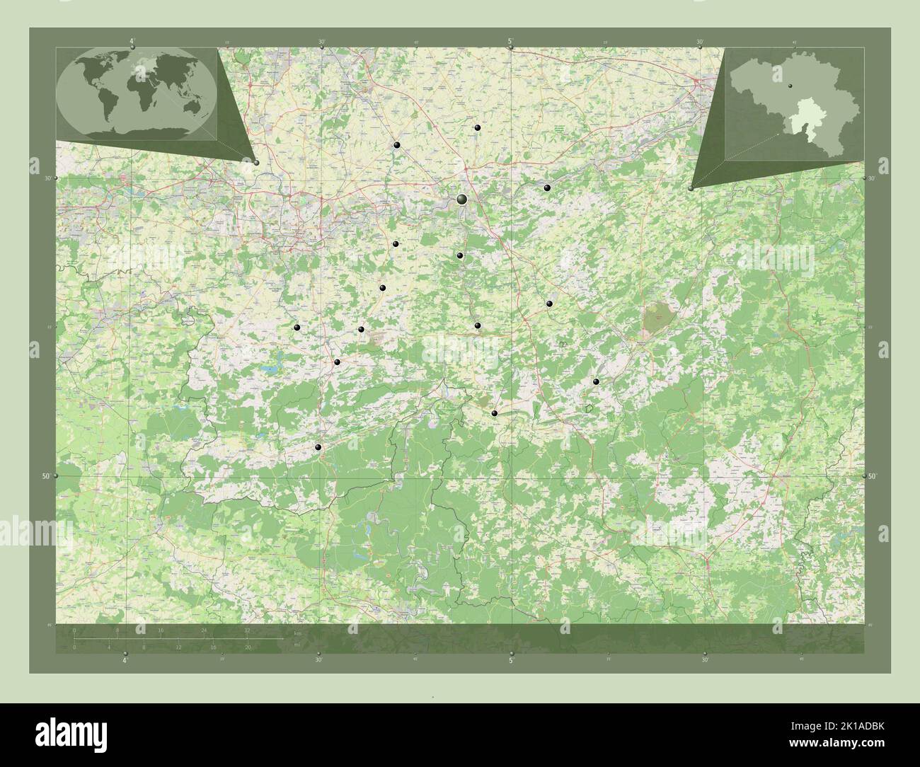 Namur, province of Belgium. Open Street Map. Locations of major cities ...