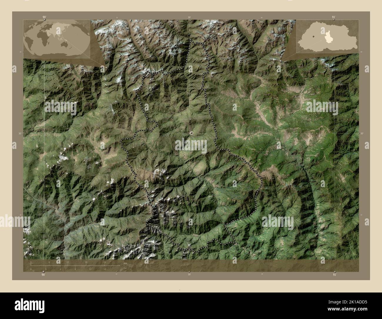 Trongsa, district of Bhutan. High resolution satellite map. Corner ...