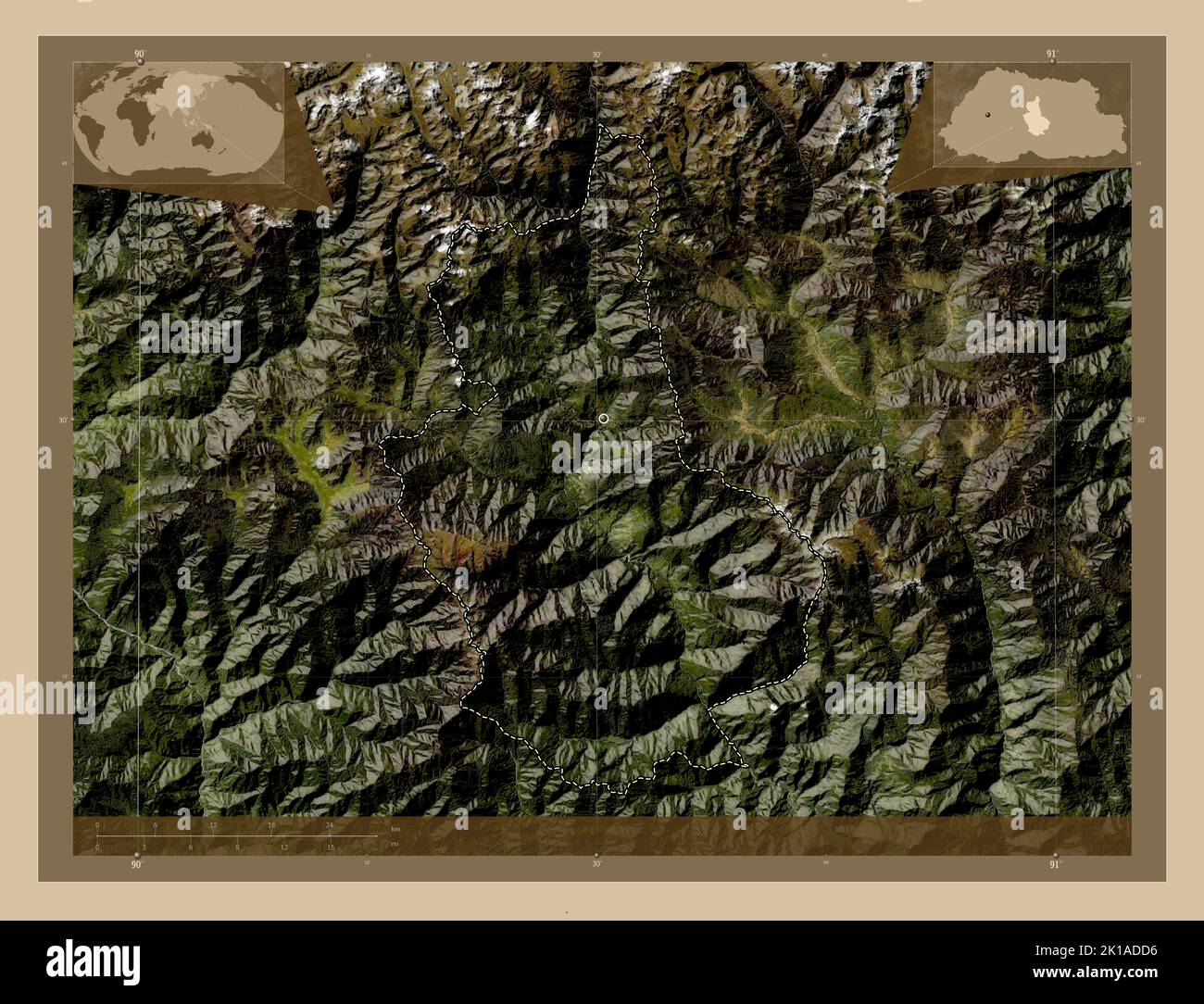 Trongsa, district of Bhutan. Low resolution satellite map. Locations of ...