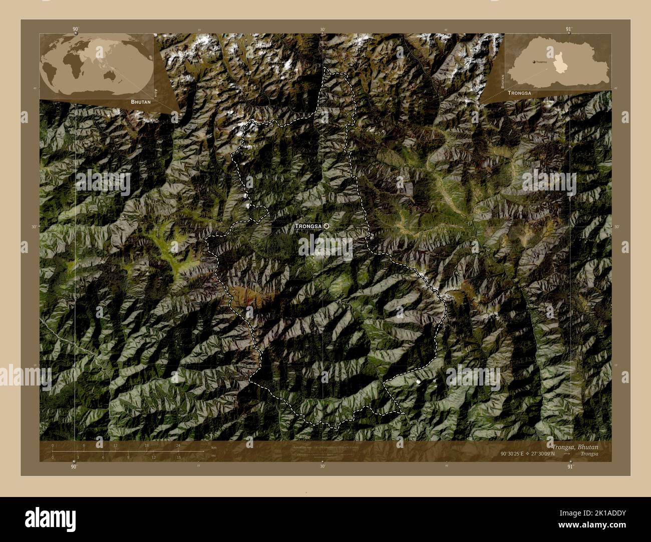 Trongsa, district of Bhutan. Low resolution satellite map. Locations ...