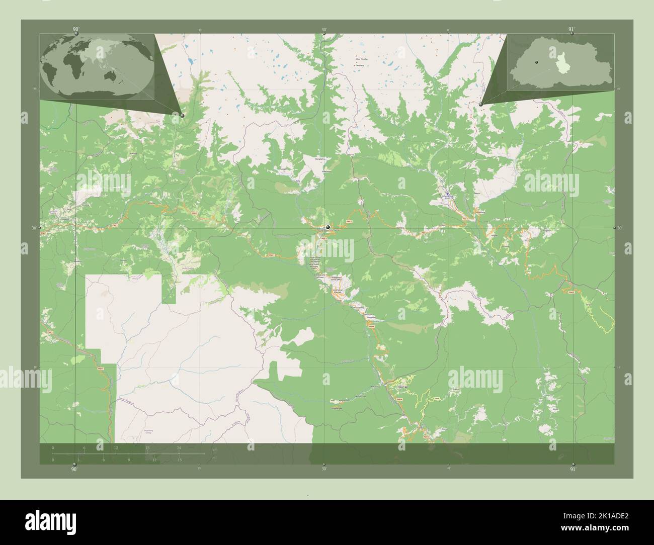 Trongsa, district of Bhutan. Open Street Map. Locations of major cities ...