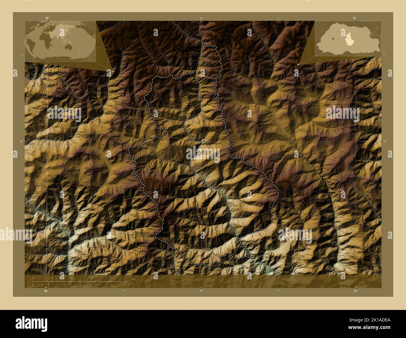 Trongsa, district of Bhutan. Colored elevation map with lakes and ...