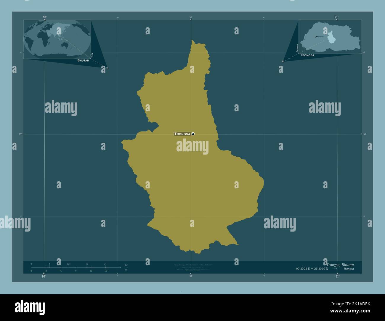 Trongsa, district of Bhutan. Solid color shape. Locations and names of ...