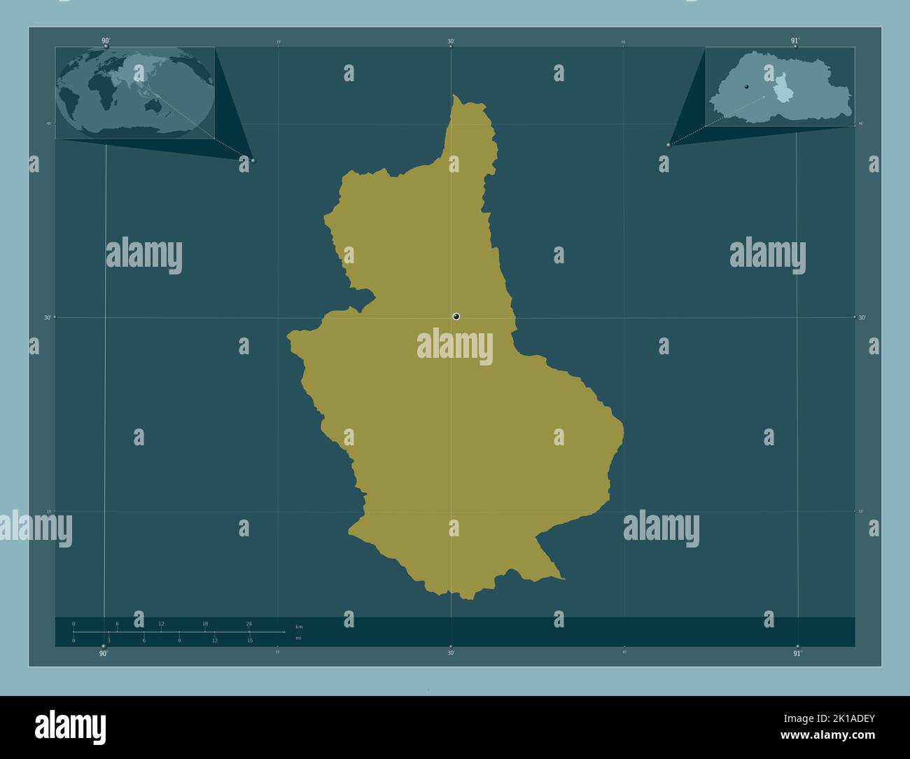 Trongsa, district of Bhutan. Solid color shape. Locations of major ...