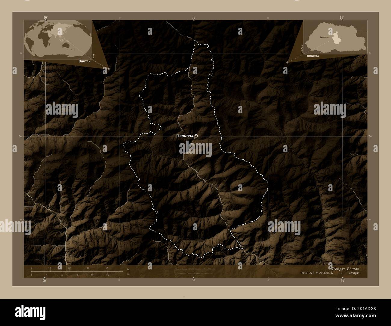 Trongsa, district of Bhutan. Elevation map colored in sepia tones with ...