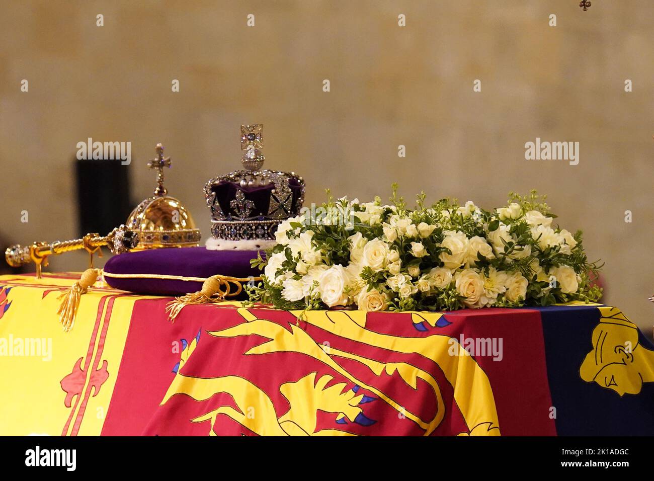 The coffin of Queen Elizabeth II, draped in the Royal Standard with the ...