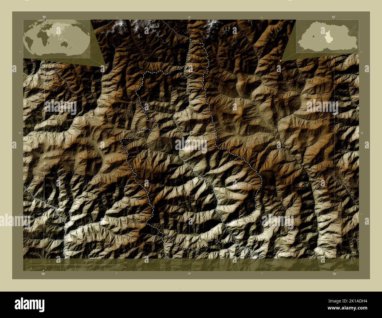 Trongsa, district of Bhutan. Elevation map colored in wiki style with ...