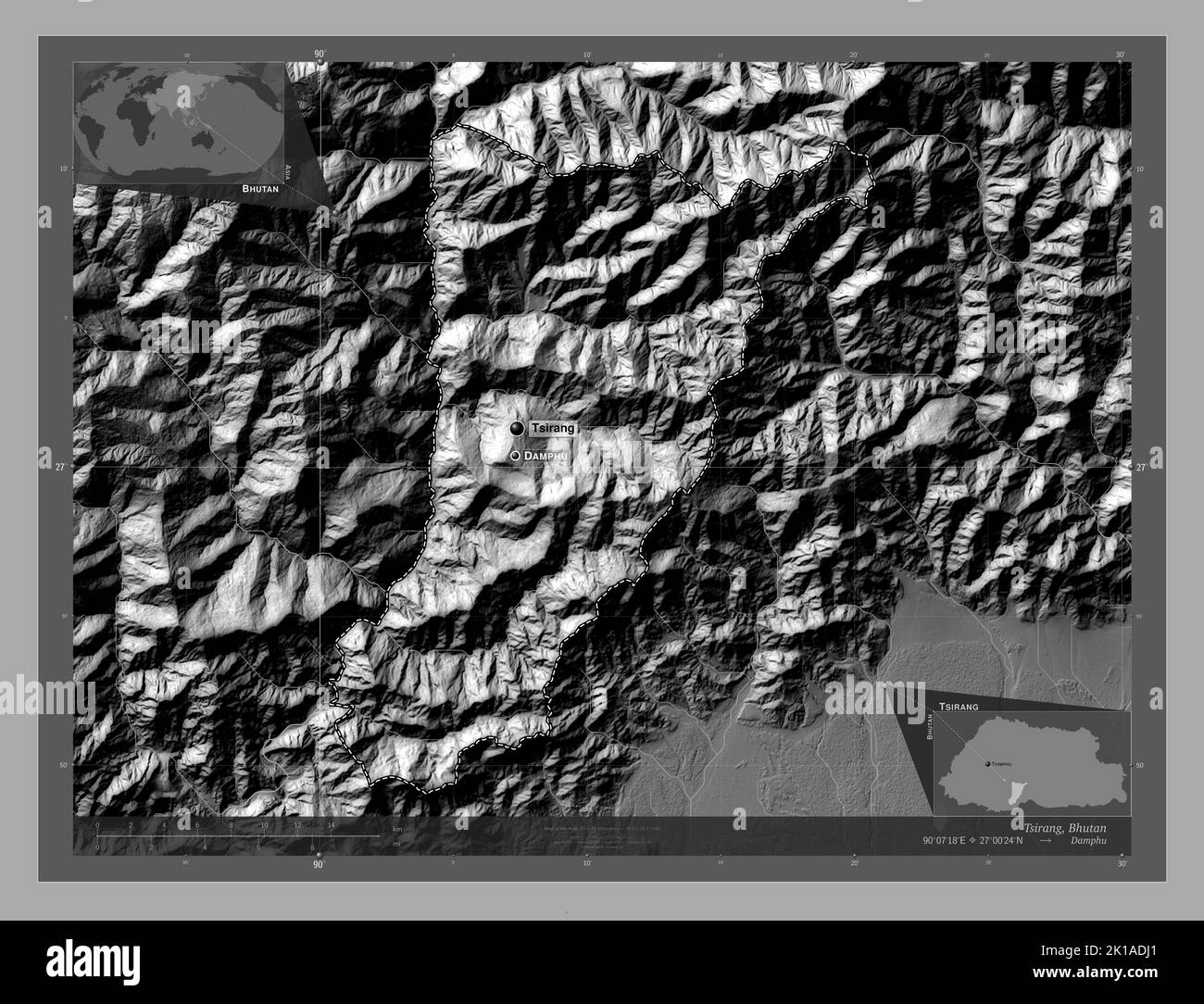 Tsirang, district of Bhutan. Bilevel elevation map with lakes and ...