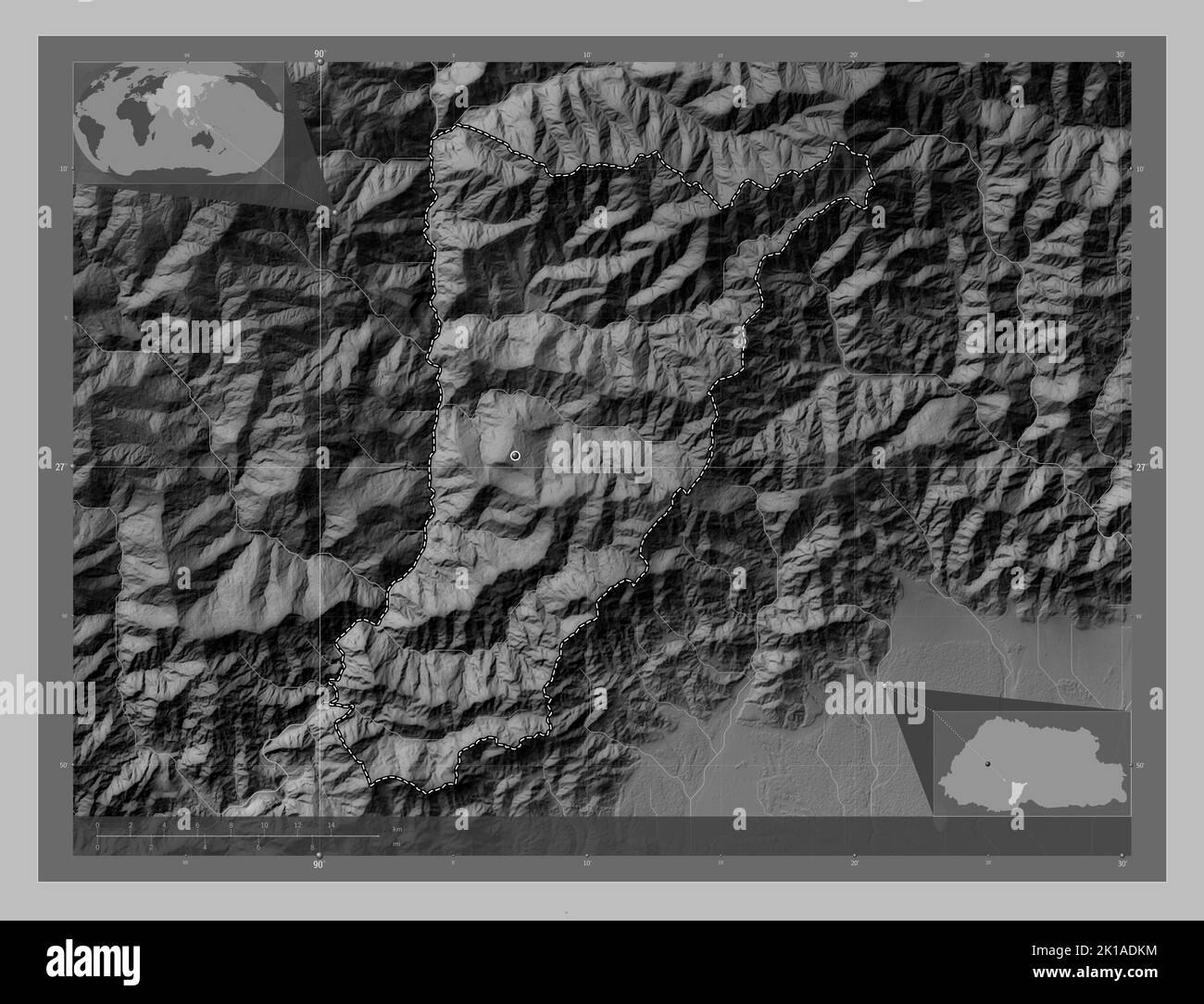 Tsirang, district of Bhutan. Grayscale elevation map with lakes and rivers. Corner auxiliary ...